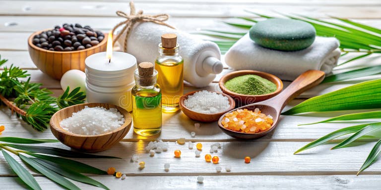 Natural Spa Essentials for Relaxation on White Wooden Table with ...