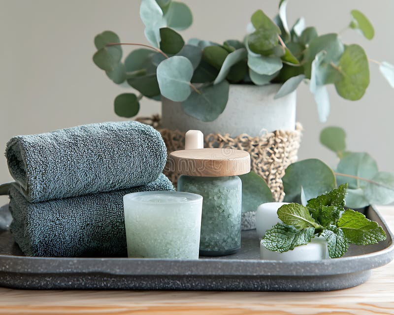 Natural Spa Products with Eucalyptus and Fresh Mint on Tray Stock ...