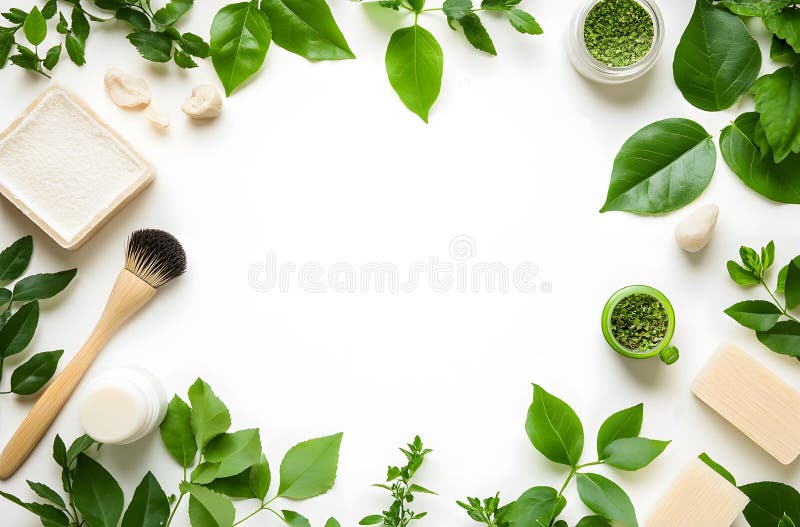 Natural Spa Products Flat Lay with Greenery Stock Illustration ...