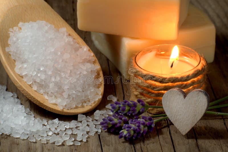 Natural Spa Setting with Lavender and Candle Stock Image - Image of ...
