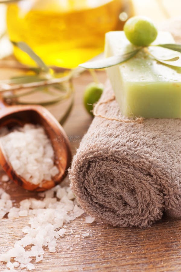Natural Spa Setting with Olive Oil. Stock Image - Image of medicine ...