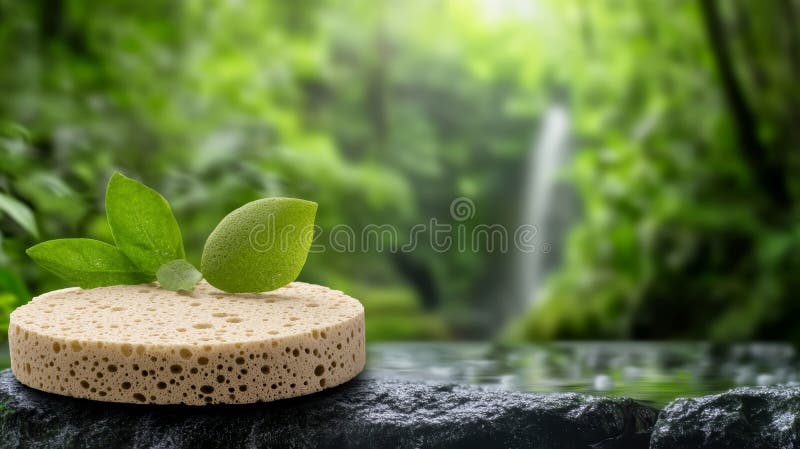 Natural Sponge with Green Leaves on a Stone, Set in a Serene Forest ...