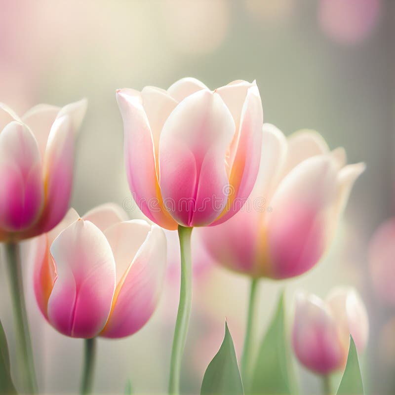 Natural Spring Light Pink Tulips on Green. Illustration Generative AI ...