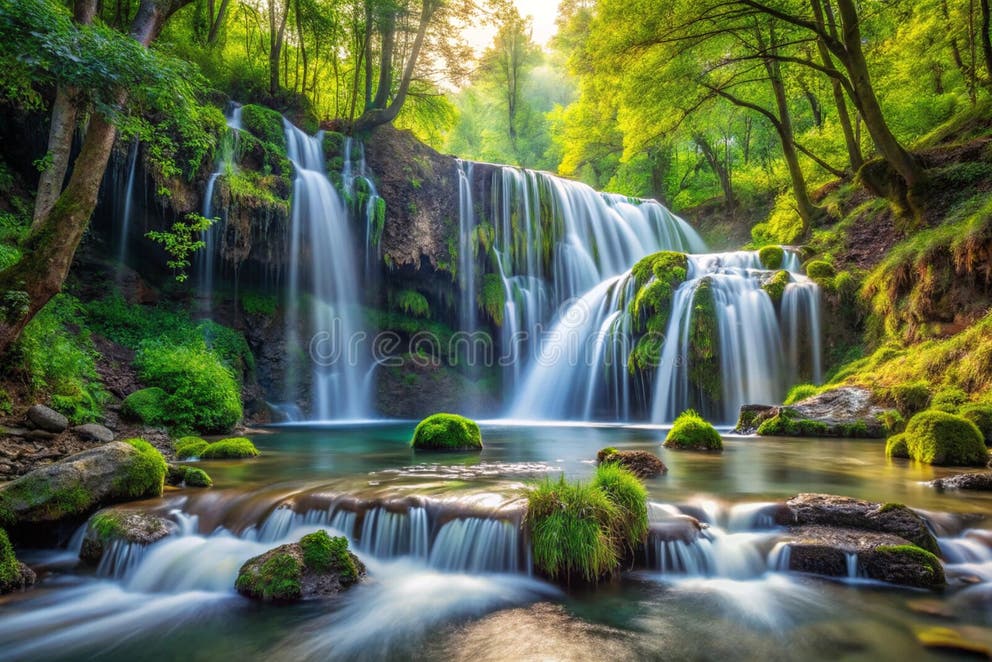 Natural Spring Waterfall. the Beautiful Waterfall in Forest, Spring ...