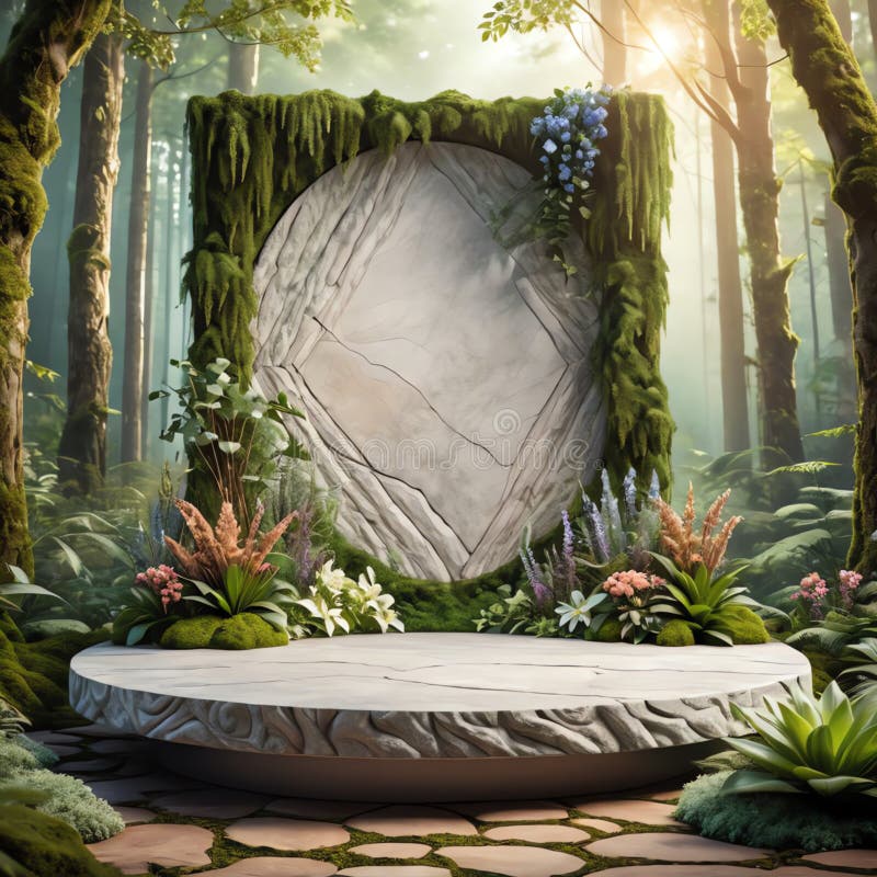 Natural Stage Podium for Product Presentation with Forest Background ...