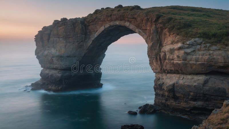 Serene Coastal Rock Arch at Sunrise, Ocean View Stock Illustration ...
