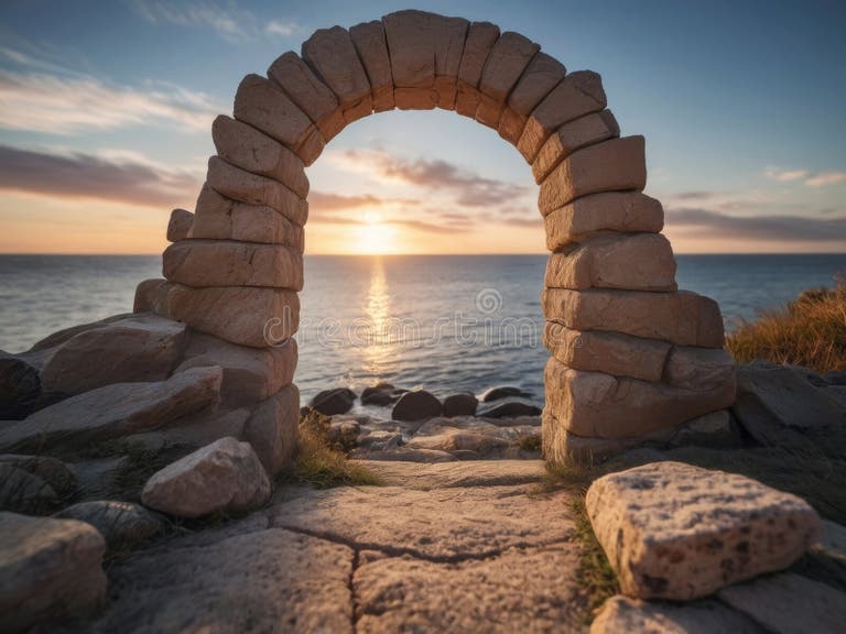 Natural Stone Archway Overlooking the Ocean. Stock Image - Image of ...