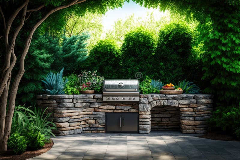 Natural Stone Backyard Grill Against Background of Fresh Green Trees ...