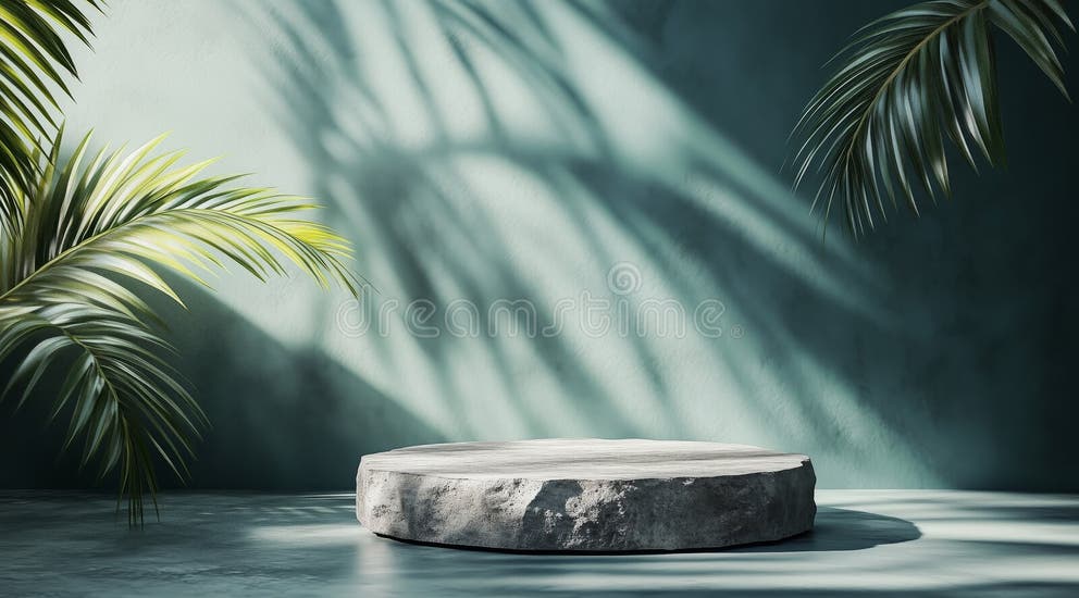 Natural Stone Display Platform Surrounded by Lush Greenery and Soft ...