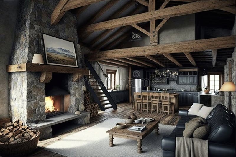 Natural Stone Fireplace and Rustic Wooden Beams in Chalet Interior ...