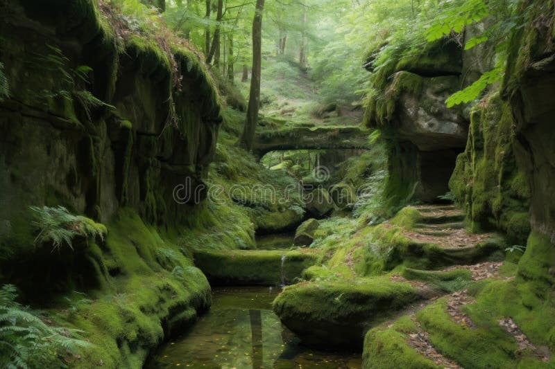 The Natural Stone Formations in the Forest, Surrounded by Moss and ...
