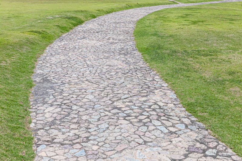 Natural Stone Pathway and Green Lawn Stock Image - Image of lamp, path ...