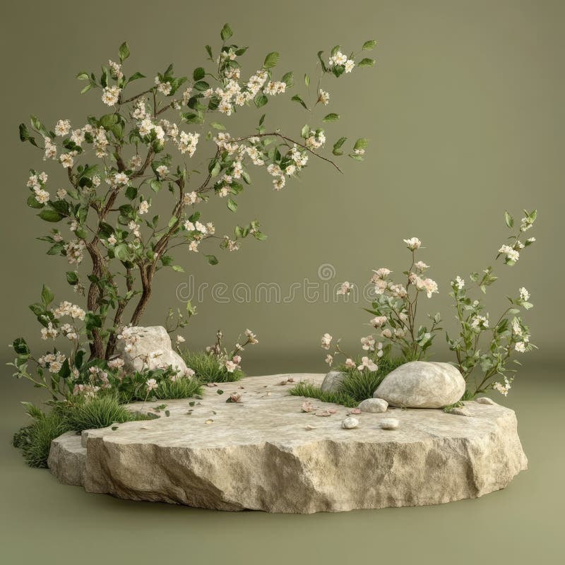 Natural Stone Pedestal with Blooming Tree. 3d Render Stock Illustration ...