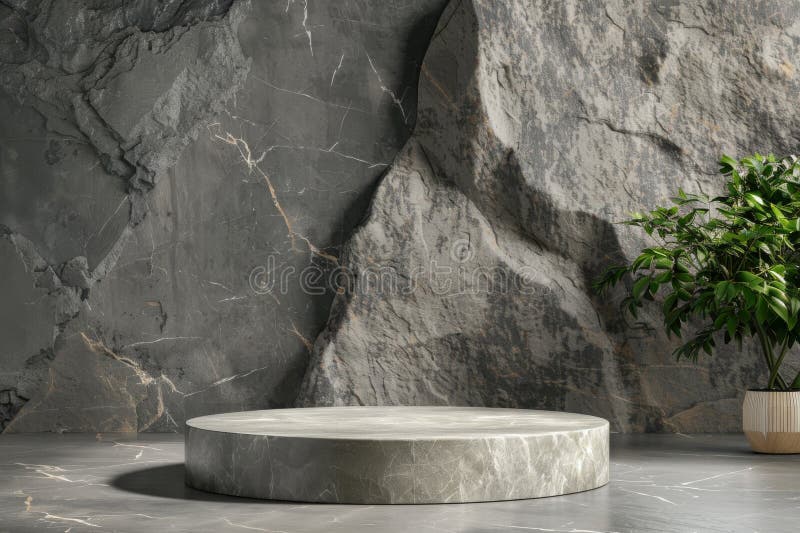 Natural Stone Podium in Stylish Interior with Plant Vase. Stock Photo ...
