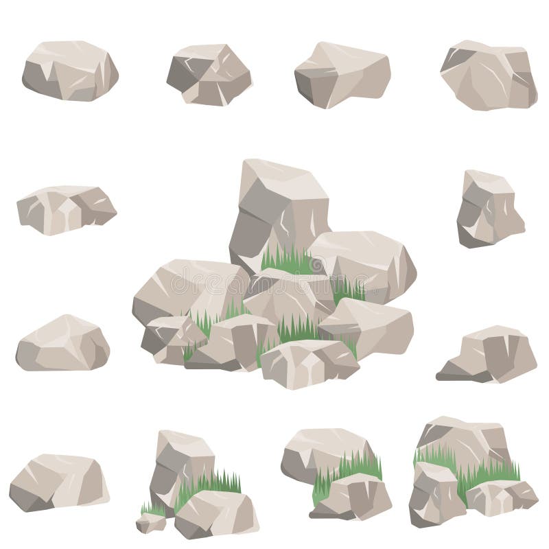 Natural Stone, Set of Natural Stone with Grass. Vector Illustration of ...