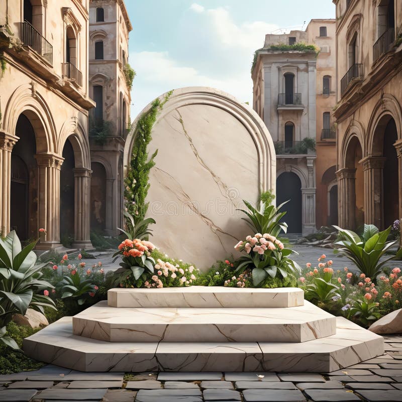 Natural Stone Stage Podium Mockup with Abandoned City Background Stock ...