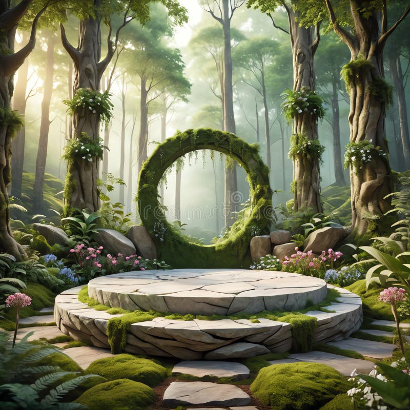 Natural Stone Stage Podium Mockup with Natural Forest Background Stock ...