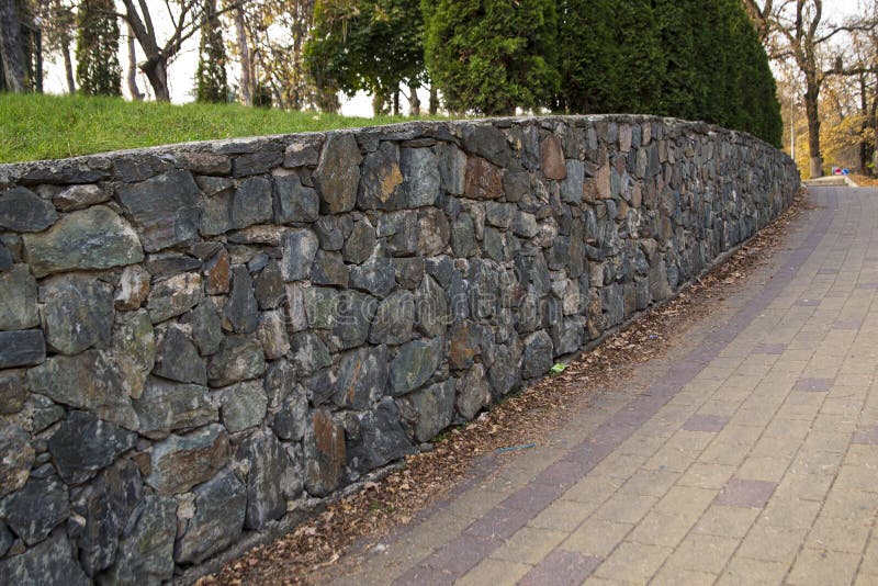 Natural Stone Wall, Path Up with Steps Stock Photo - Image of cement ...