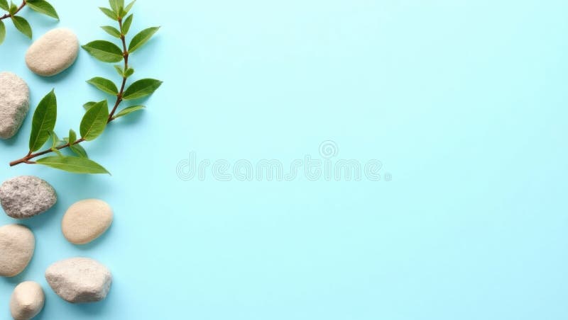 Natural Stones and Leaves on Soft Blue Wellness Background Stock ...