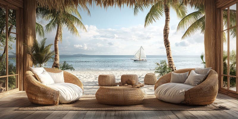 Natural Summer Setting: Bamboo Loungers, Woven Textures Stock Photo ...