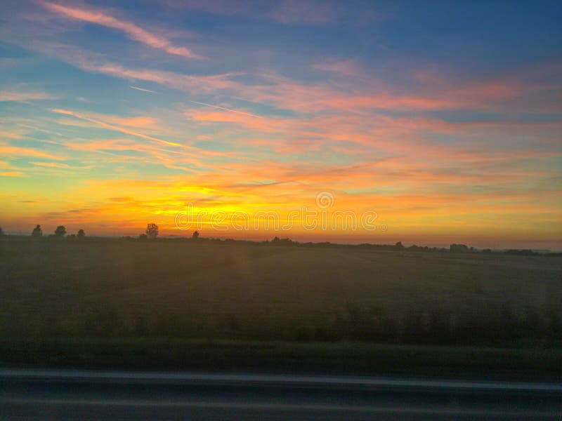 Natural Sunset Sunrise Over Field or Meadow Stock Image - Image of ...