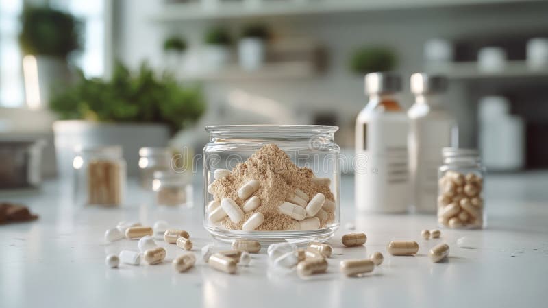 Natural Supplements and Vitamins Capsules, Powder in Glass Jar on White ...