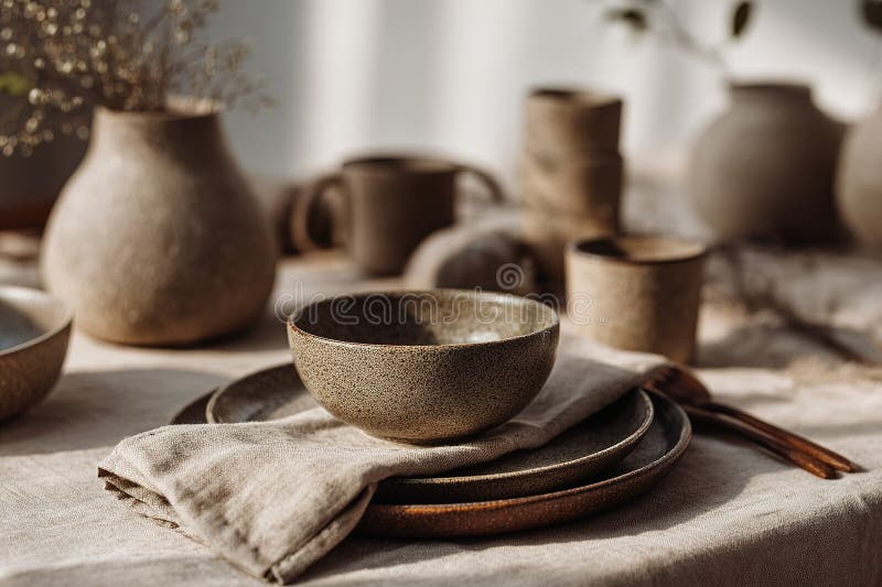 Natural Table Setting with Rustic Pottery and Linen Cloth for an ...