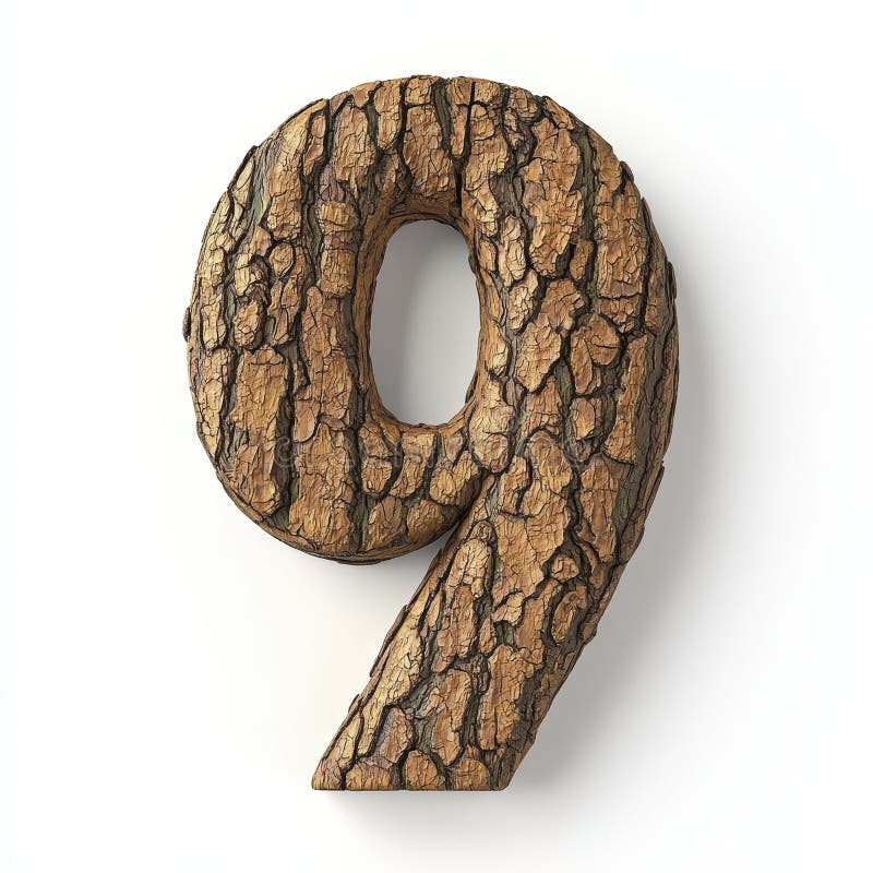Natural Texture Number Nine with Tree Bark Pattern on White Background ...