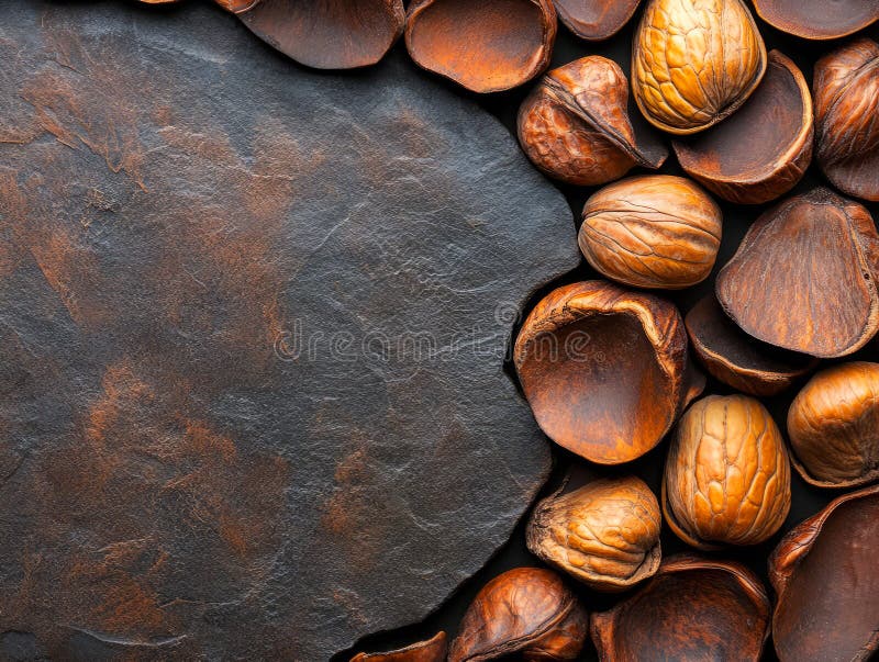 Natural Textures of Nuts and Shells on Dark Slate Surface for Culinary ...
