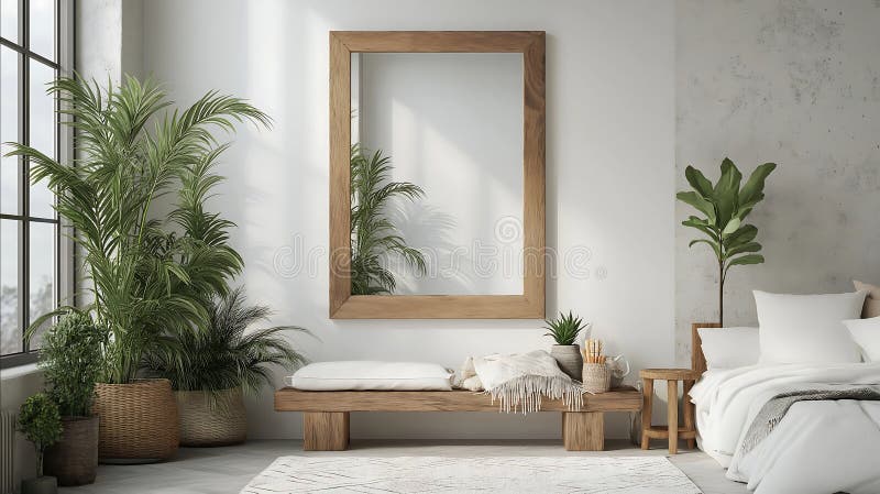 Natural Timber Checkered Pattern Frame Mirror in Minimalist Room ...