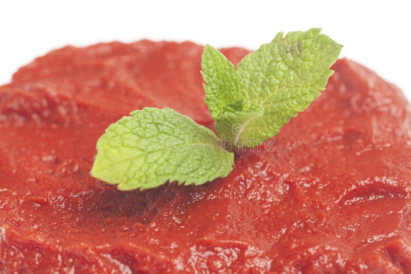Natural Tomato Paste with Mint Leaves Isolated on White Stock Image ...