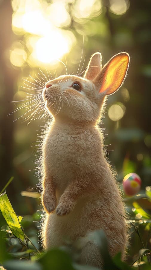 Natural Toned Bunny Stands Upright in Sunlit Forest, Surrounded by Lush ...