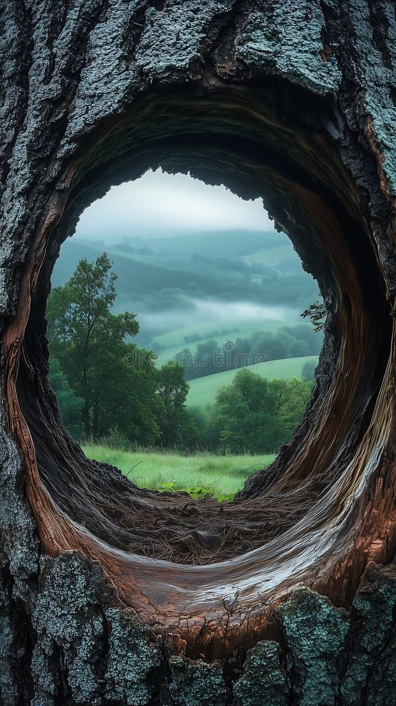 Natural Tree Trunk Frame Overlooking a Hilly Landscape. Generated Using ...