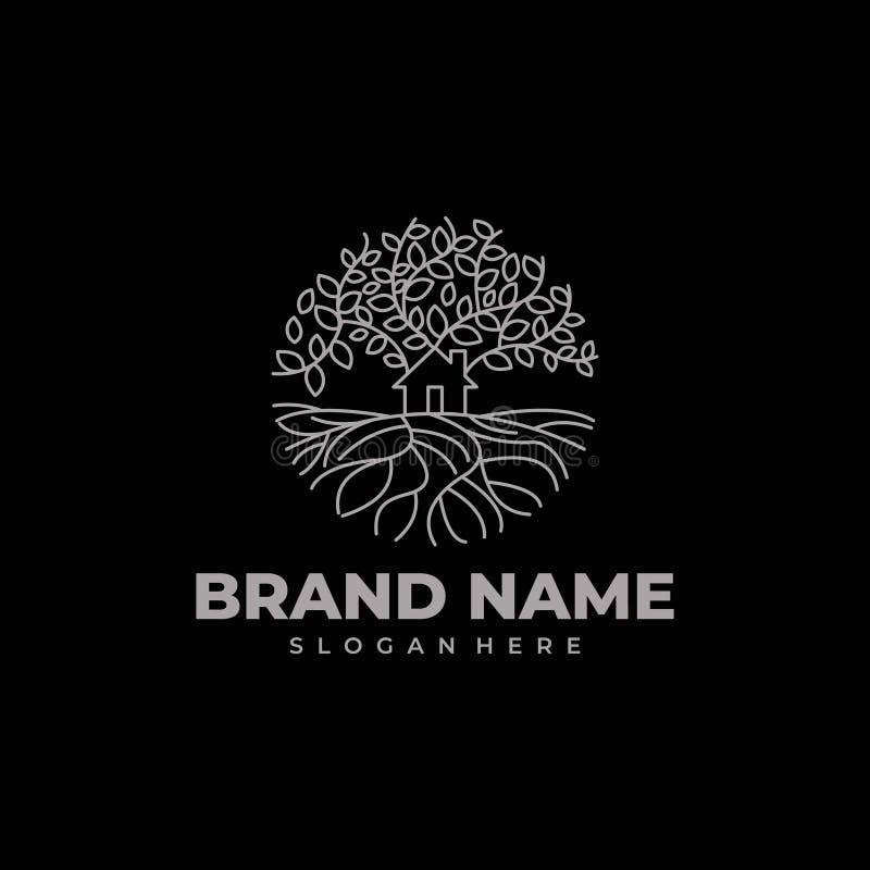 Natural Vector Tree House Logo Illustration with Tree Roots, Growth ...