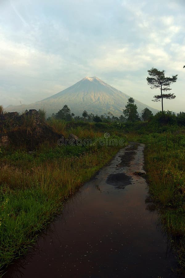 Natural View of Mount Semeru with a Submerged Pathway Stock Image ...