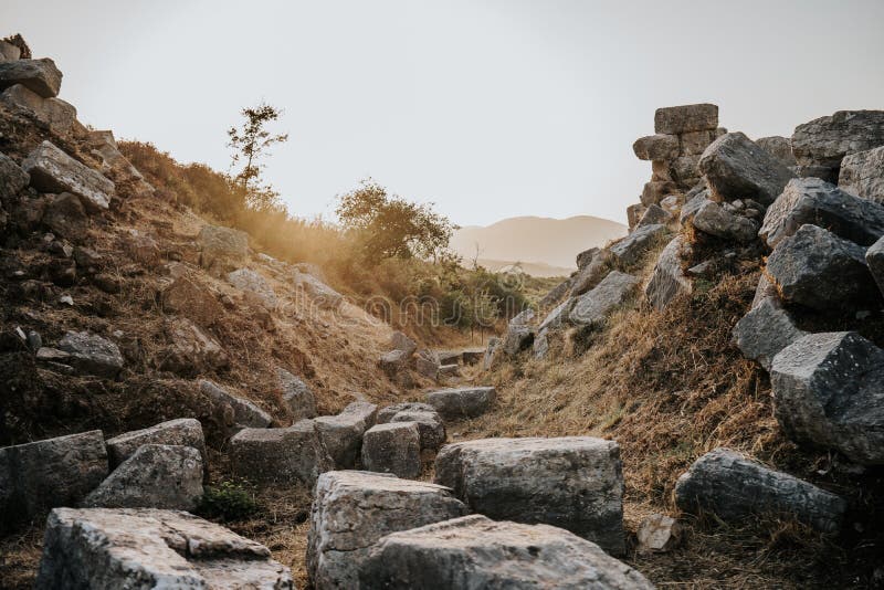 Natural View of Rocks on the Hillside Against a Bright Sunset Stock ...
