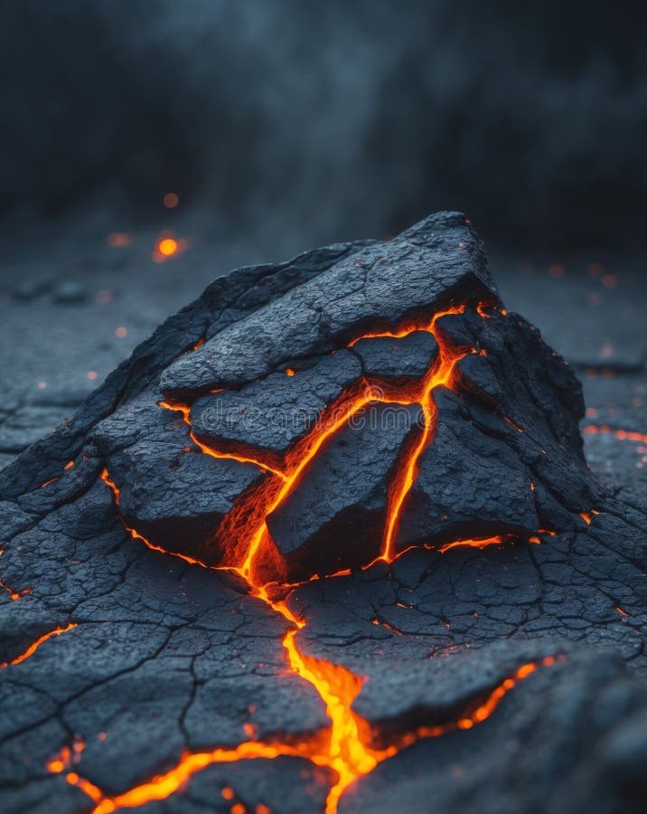 Natural Volcanic Rock Formation with Glowing Lava Cracks in a Dark ...