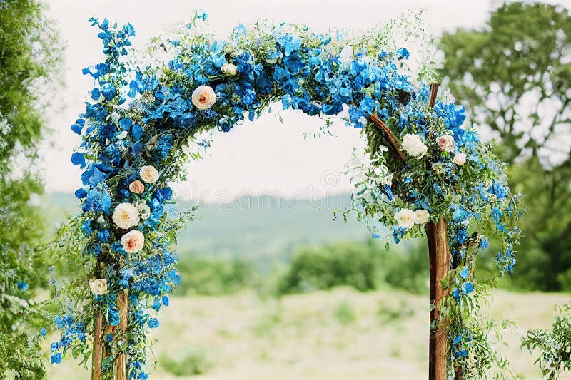 Natural Wedding Arch with Blue and White Flowers in Park Stock ...