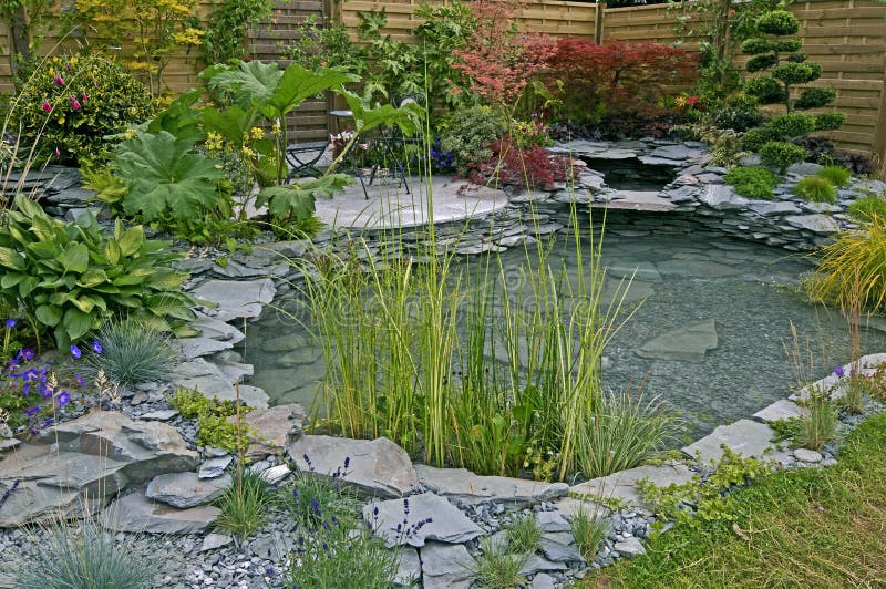 A Natural Well Planted Rock and Water Garden Stock Photo - Image of ...