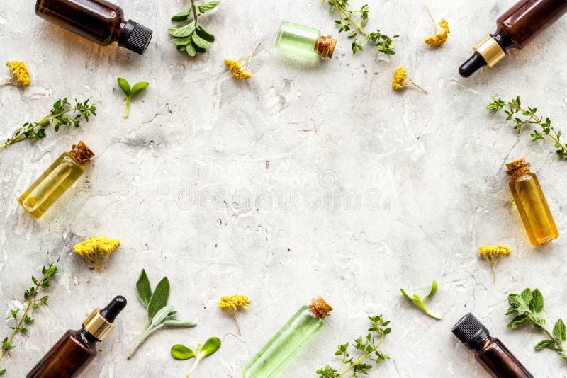 Natural Wellness. Essential Oils Near Herbs and Leaves on Grey ...