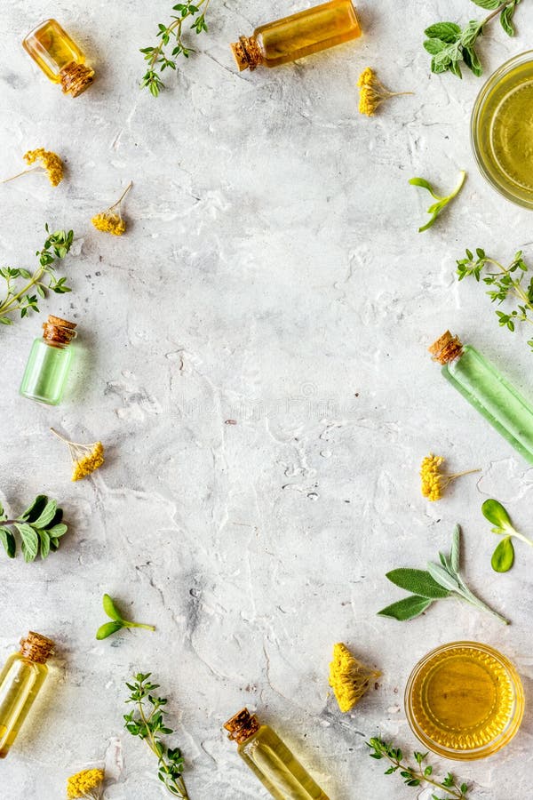 Natural Wellness. Essential Oils Near Herbs and Leaves on Grey ...