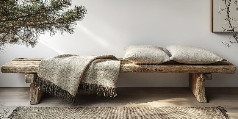 Natural Wood Bench with Cushions and Throw Blanket Placed in a Serene ...