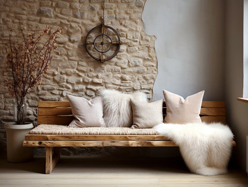 Natural Wood Rustic Bench with Beige Pillows and Fur Blanket Against ...