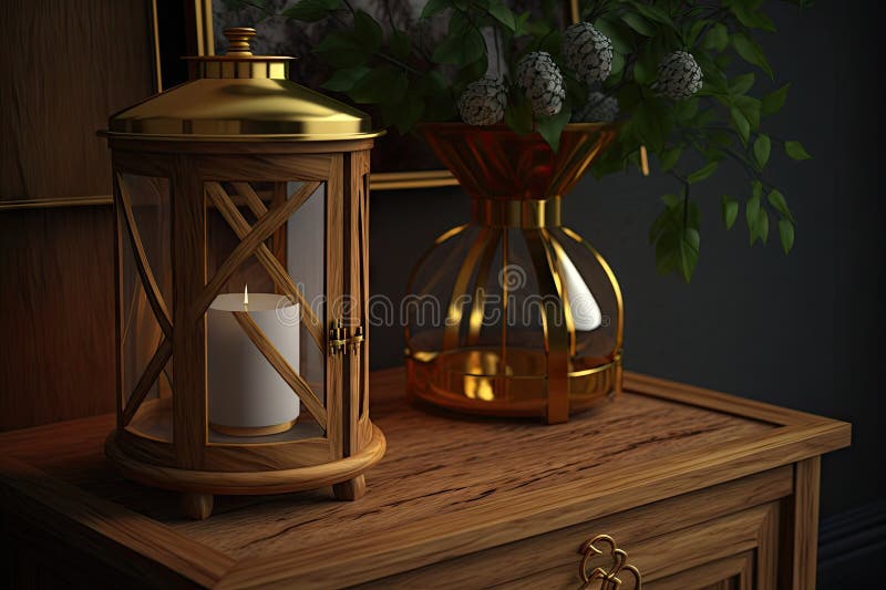 Natural Wood Side Table with Brass Lantern and Glass Vase Stock ...