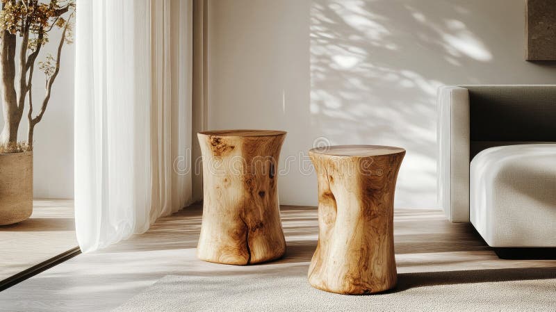 Natural Wood Side Tables in Minimalist Interior Stock Illustration ...