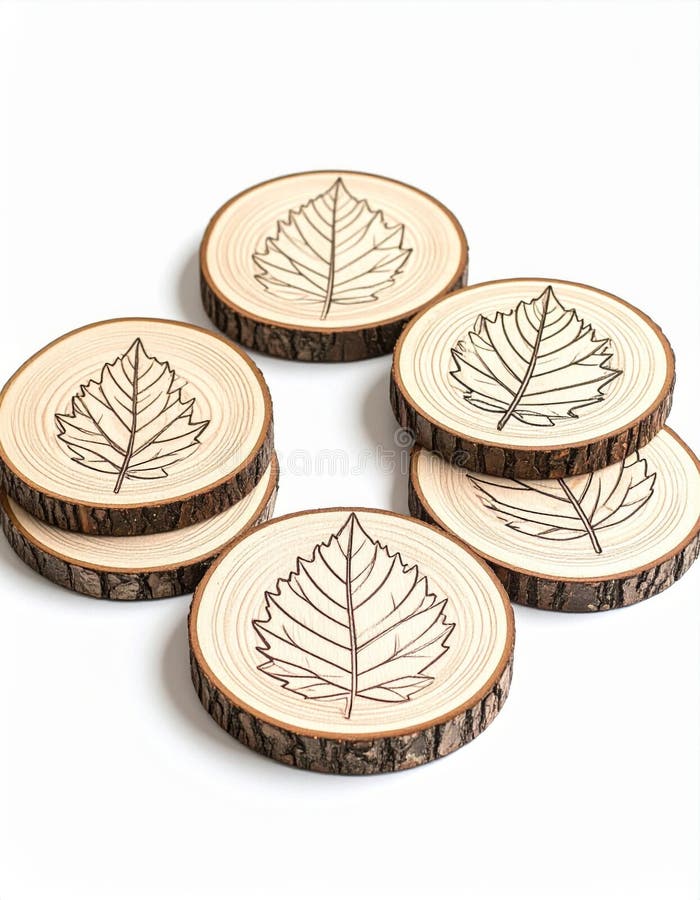 Natural Wood Slice Coasters with Engraved Leaf Design on White ...