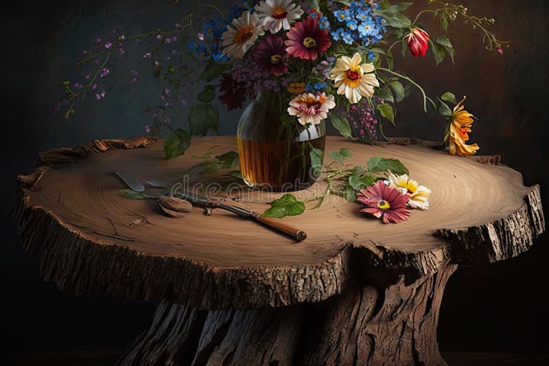 Natural Wood Table, Adorned with Vase of Fresh Flowers Stock Photo ...