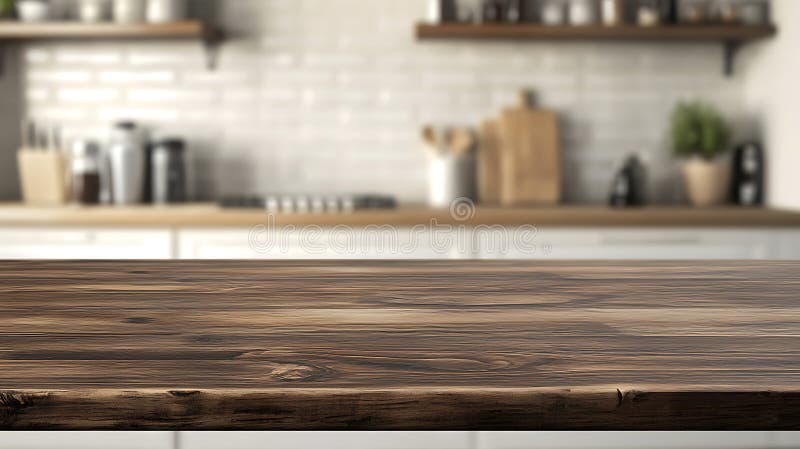 Natural Wood Table Top with Modern Blurred Kitchen View Stock Photo ...