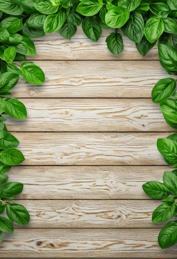 Natural Wooden Background with Leafy Border Frame Stock Illustration ...