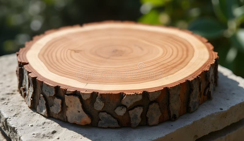 Natural Wooden Log Slice Resting on a Textured Stone Surface Outdoors ...